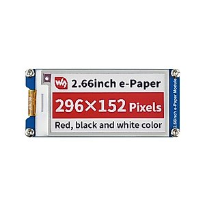 Waveshare 2.66inch E-Paper E-Ink Display Module Compatible with Raspberry Pi 4B/3B+/3B/2B/B+/A+/Zero/Zero W/WH/Zero 2W Series Boards 296×152 Pixels Red/Black/White Three-Color SPI Interface