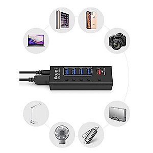 USB Hub 3.0 Powered, ikuai 5-Port Multiple USB Port Splitter, USB 3 Powered Hub, High-Speed Portable USB Port Expander, Charging Supported, 24W Power Adapter for Laptop and PC (RSW-A35B)