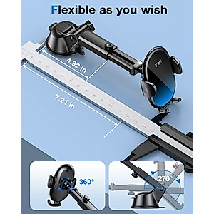 [Upgraded] YRU Car Phone Mount, Sturdy Suction Adjustable Long Arm Cell Phone Holder for Car Dashboard Air Vent Windshield, Handsfree Dash Stand for iPhone 14 13 Pro Max, Samsung Universal Cellphone