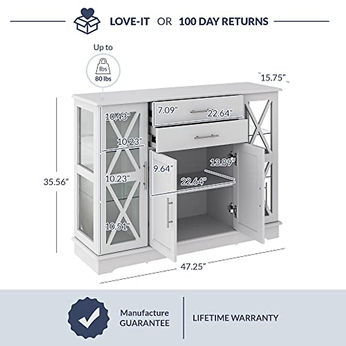BELLEZE Sideboard Buffet Cabinet, 47 Inch Storage Cabinet Console Table Coffee Bar Cabinet Kitchen Cupboard Pantry Cabinet Glass Display Cabinet for Lving Room Entryway Dining Room, White