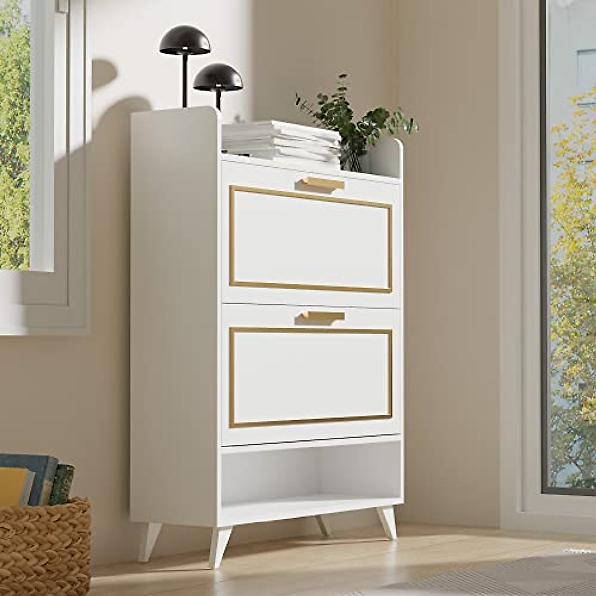 Cozy Castle Shoe Cabinet for Entryway, Freestanding Shoe Storage Cabinet with 2 Flip Drawers and Shelf, Narrow Shoe Cabinet, White (32" W x 10" D x 41.7" H)