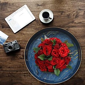 Decorative Trays with Handles Round Serving Breakfast Trays 13” for Home Mini Coffee Bars Table Ottoman Livingroom Bathroom (Dark Blue)