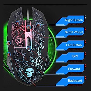 Axiba Waterproof Gaming Keyboard Mouse Sets USB Wired 104 Keys Skull Rainbow LED Backlit Multimedia Ergonomic Gamer Keyboard 2400DPI 6 Buttons Optical Professional Game Mice + Mouse Pad (Skull White)