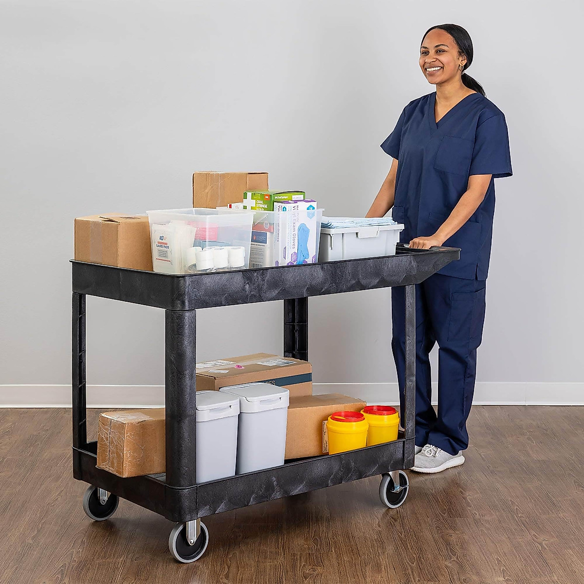 Stand Steady Original Tubstr Extra Large Utility Cart - Heavy Duty Tub Cart Holds up to 500 Pounds - 2 Shelf, Huge Rolling Cart - Great for Warehouse, Garage and More (45.5 x 24.5 / Black)