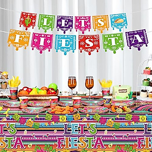 172 Pcs Mexican Themed Fiesta Party Supplies Set Serves 24, Include Fiesta Tablecloth, Let's Fiesta Banner, Mexican Plates and Napkins Tableware Set for Cinco De Mayo Mexican Taco Fiesta Party Decor