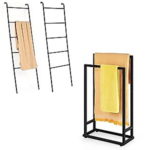 Metal Blanket Ladder Set of 2 Black Blanket Ladders and Free Standing Towel Rack 2 Tier Towel Holder Stand Hand Towel Drying Rack