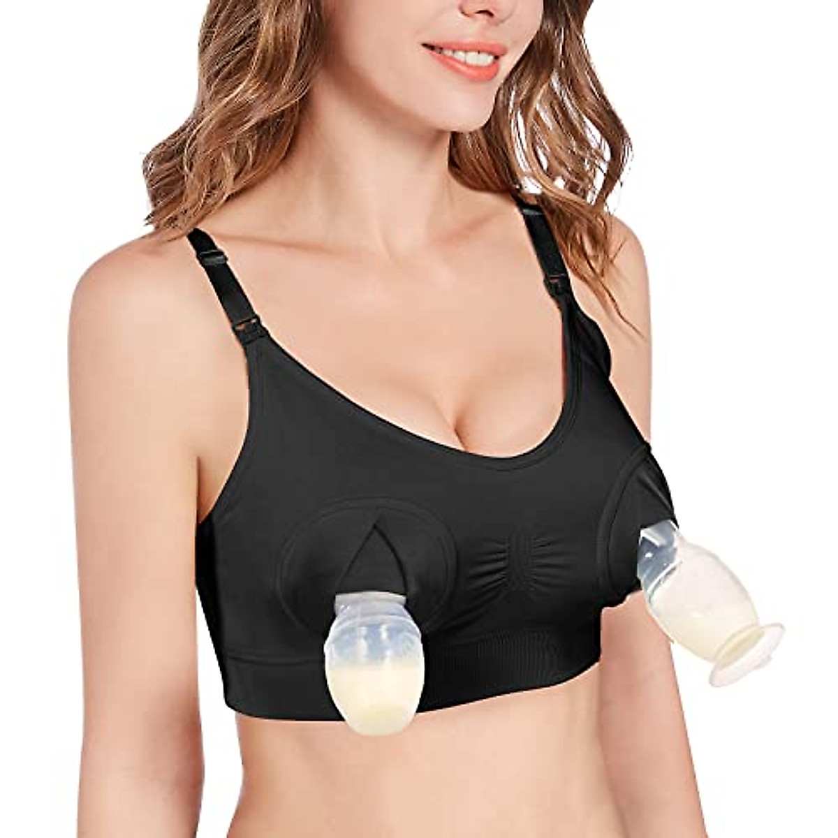 haakaa Pumping Bra Hands Free Maternity Bras for Breastfeeding Adjustable & No Underwire Breast Pump Bra and Nursing Bras with Extra Bra Extenders & Clips Breastfeeding Essentials (Black, X-Large)