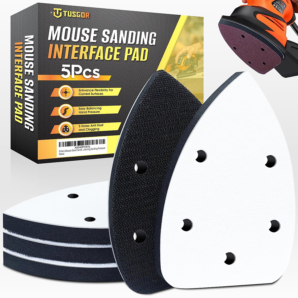 TUSGOR 5 Pack Mouse Detail Sanding Interface Pad Hook and Loop - Triangle Sanding Pads with 5 Holes Foam Interface - Mouse Sander Sandpaper Backing Pad for Flexibility & Balancing Sanding Pressure