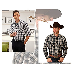 COOFANDY Mens Shirt Western Long Sleeve Cowboy Plaid Casual Button Up Dress with Pockets, Black White, Large, Long Sleeve