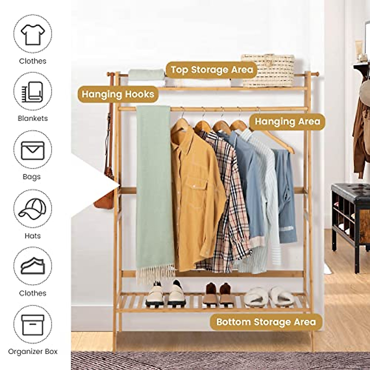 Tangkula Bamboo Clothing Rack with Storage Shelves, Freestanding Garment Rack with Top Shelf, Shoe Rack, 2 Hooks, Heavy-duty Clothing Storage Organizer for Bedroom, Entryway, Living Room, Natural