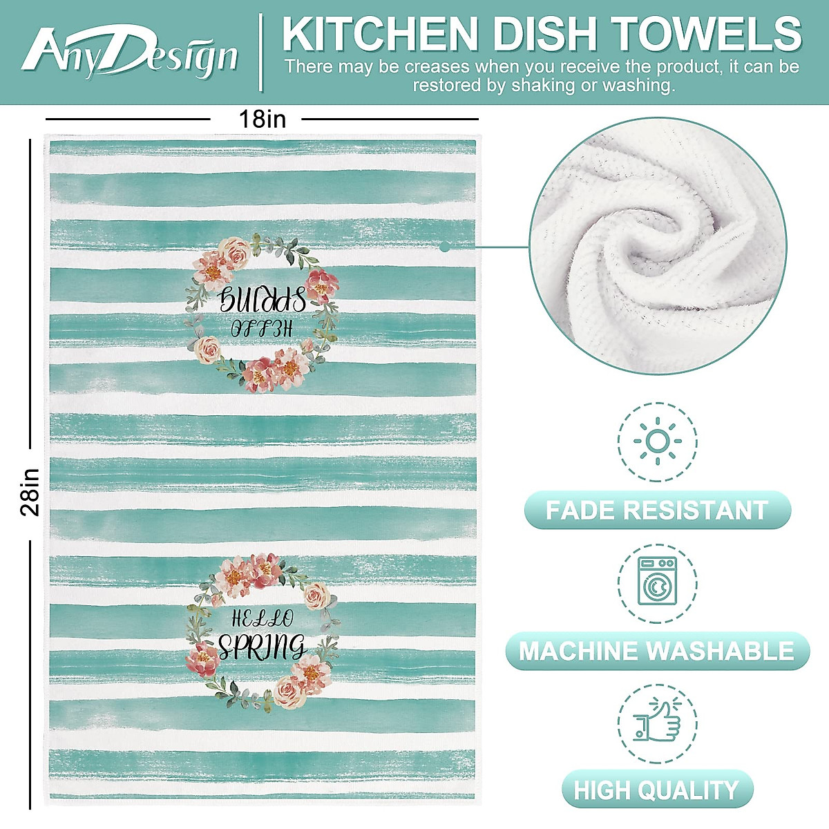 AnyDesign Spring Buffalo Plaid Kitchen Towels Watercolor Floral Truck Bicycle Dishcloth 18 x 28 Inch Blue White Plaids Stripes Hand Drying Tea Towel for Cooking Baking Cleaning Wipes, Set of 4