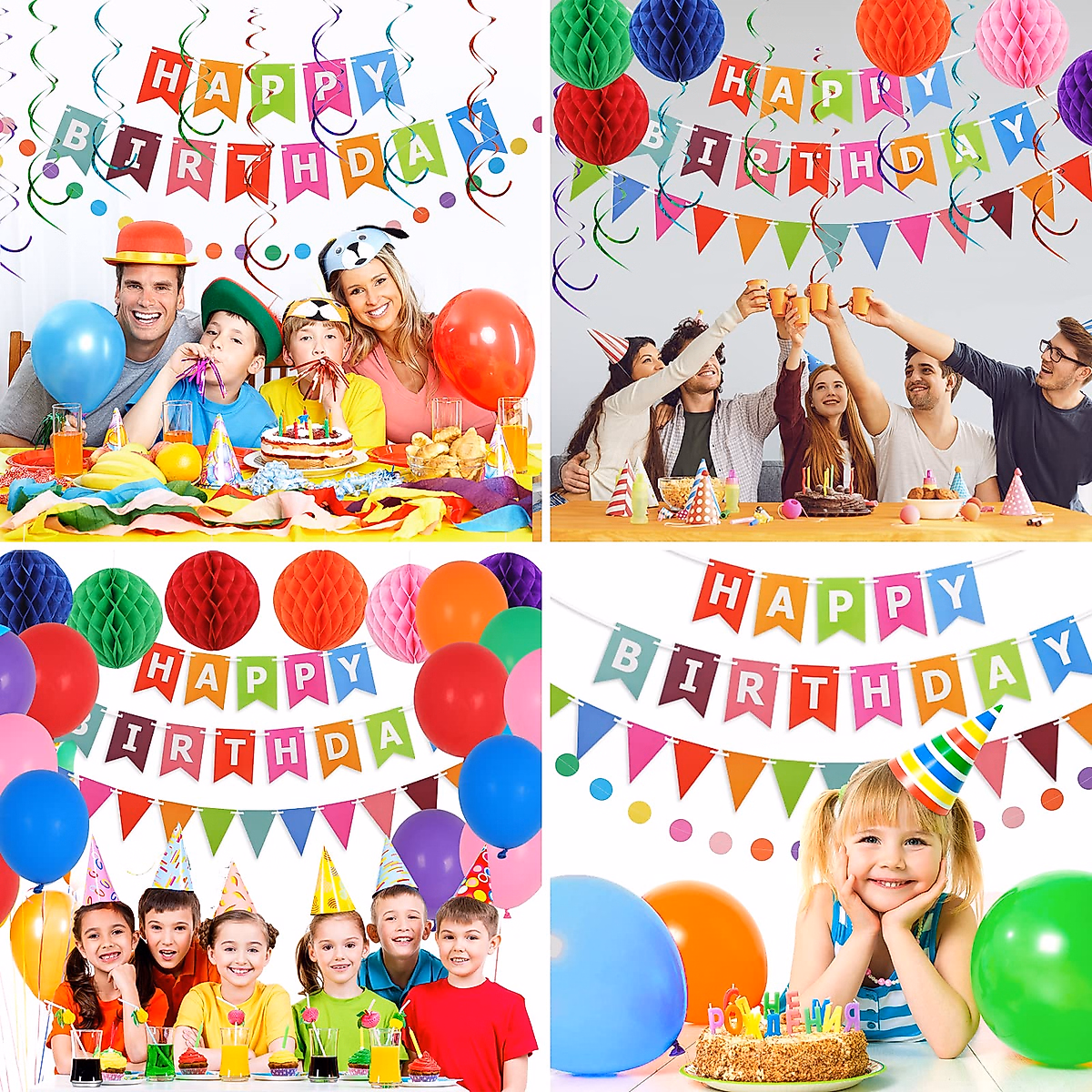 RUBFAC Rainbow Birthday Decorations, Happy Birthday Banner, 6 Honeycomb Balls, 8 Metallic Hanging Swirls, Circle Paper Garland and 30 Balloons