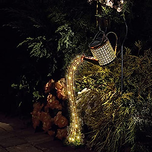 Auhafaly Garden Shower Light Solar Powered Watering Can with Star LED Outdoor Fairy Waterfall with Bracket for Home Path Patio Yard Lawn, White