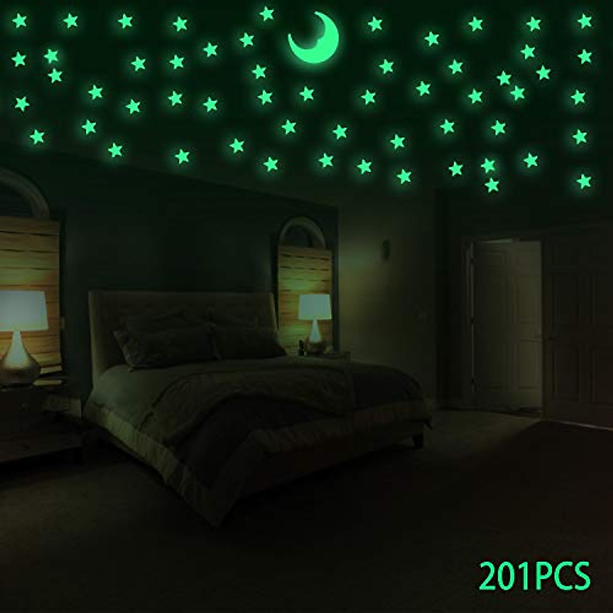 201 PCS Glow in The Dark Stars for Ceiling, 3D Glow Stars and Moon for Starry Sky,Wall Decals for Kids Rooms,Wall Stickers for Bedroom(200 Stars,1 Moon, 300 Adhesive)