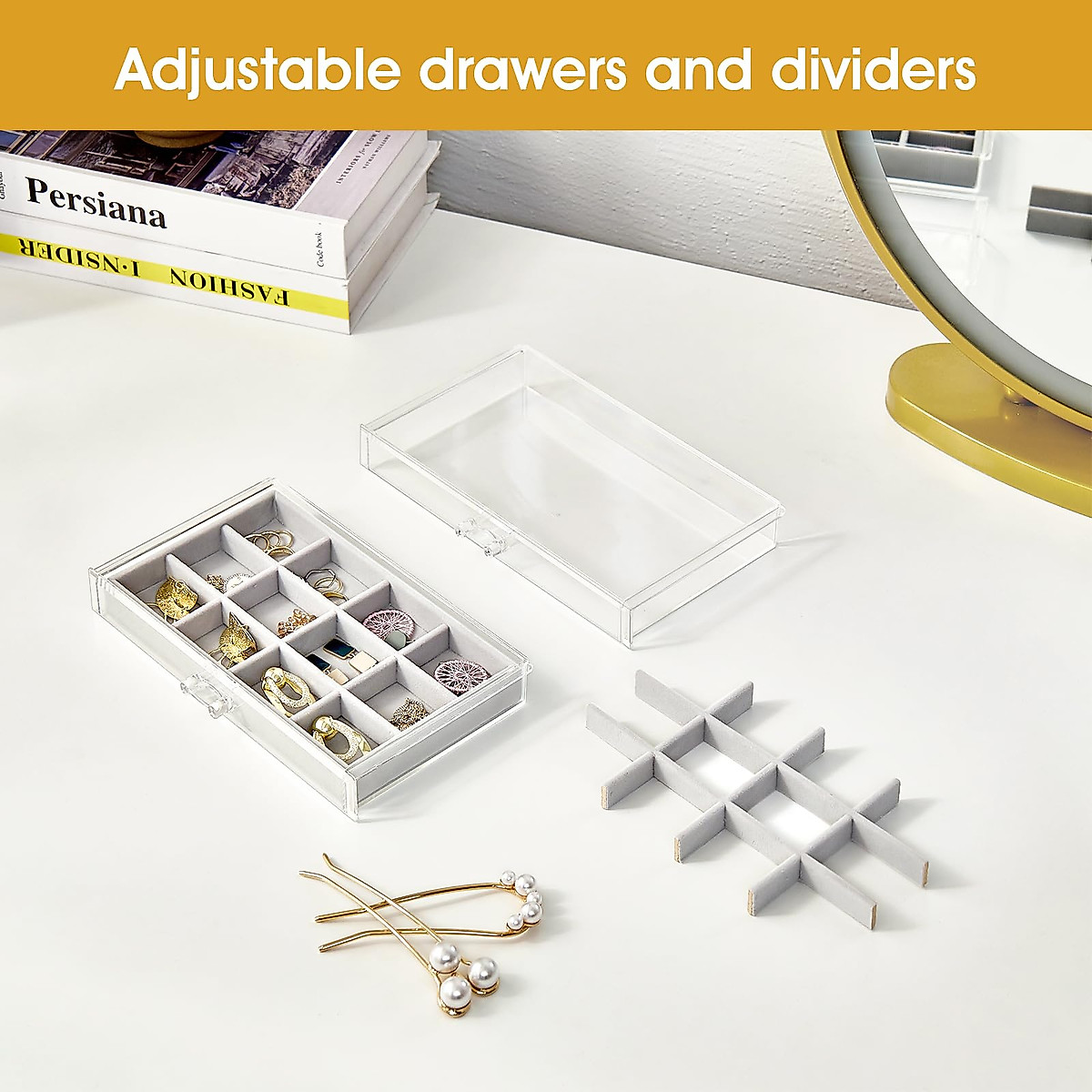 ProCase Earring Holder Organizer Jewelry Box with 10 Drawers, Acrylic Clear Earring Case with Adjustable Velvet Trays for Women - Grey, 10 Layers