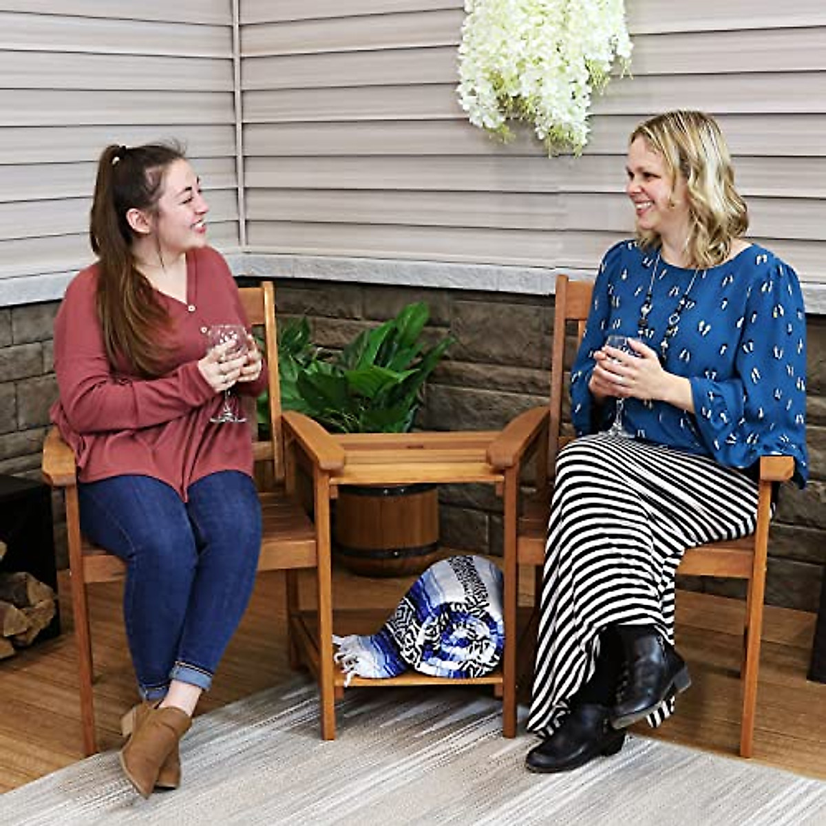 Sunnydaze Meranti Wood with Teak Oil Finish Outdoor Jack-and-Jill Chairs with Attached Table - 2-Chair Tete-a-Tete Furniture Set for Garden, Lawn, Porch, Balcony and Lawn - 65-Inch