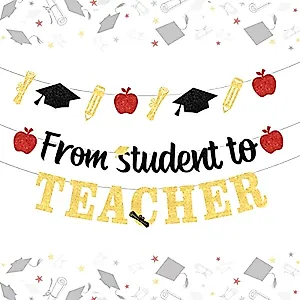 Congrats Teacher Banner, Teacher Graduation Banner Party Decorations With Red Black and Gold Color from Student to Teacher Graduation Decorations 2023 Graduation Party Supplies