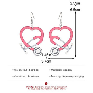 Doctor Nurse Stethoscope Wooden Dangle Earrings Love Heart Stethoscope Medical Theme Earrings Nurse's Day Gifts for Doctors Nurses Medical Students-Pink