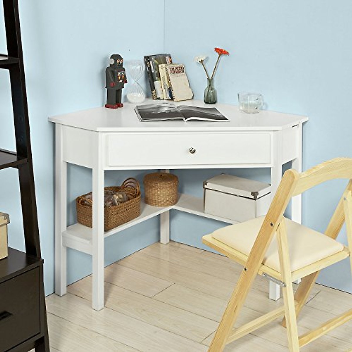 Haotian FWT31-W, White Corner Desk, Triangle Computer Desk with Drawer and Shelf, Home Office Desk, Computer Workstation