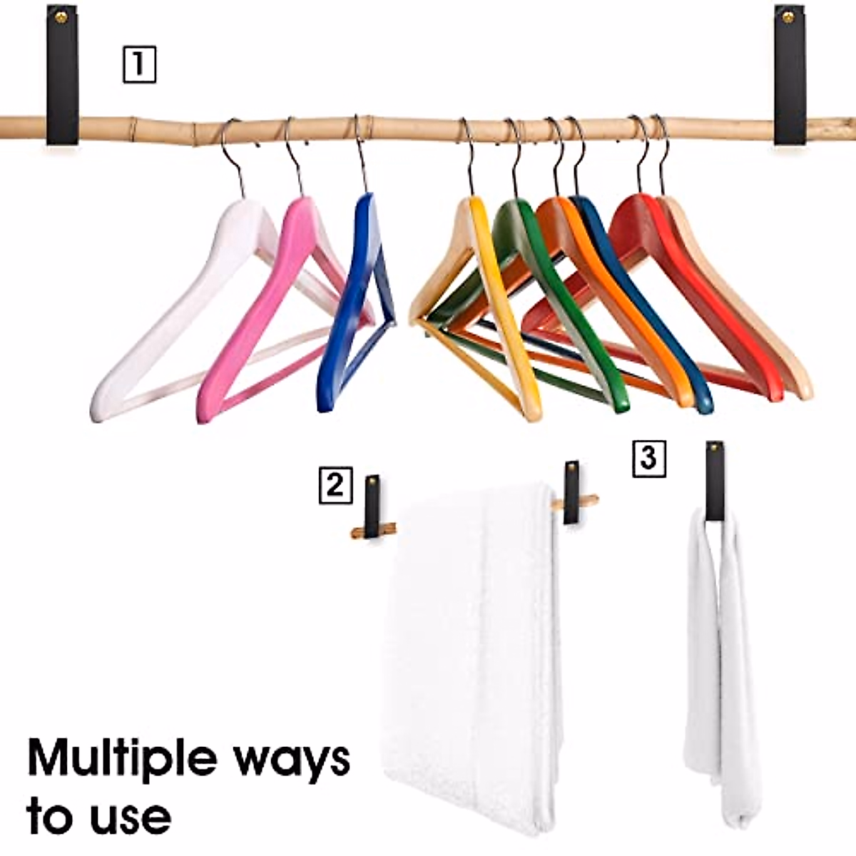 Abeillo 4 Pcs Leather Wall Hooks, Medium Leather Straps Hanger Towel Hook, Leather Strap Shelf Wall Hanging Strap Holder for Bathroom Kitchen Bedroom Nordic Boho Decor(Black)