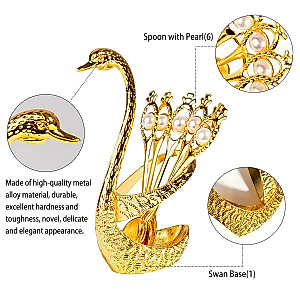 Coffee Spoon Set, Metal Swan Base Holder Dessert Spoon Organizer with 6pcs Spoons Teaspoon Dessert Flatware Set for Coffee Fruit Dessert Ice Cream Cake (Gold)