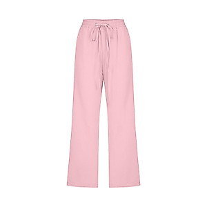 Pants Women Women's Summer Beach Pants Drawstring Elastic Waist Solid Trousers Slacks Cotton Linen Capri Pants Plus Size Relaxed Fit Pink XL