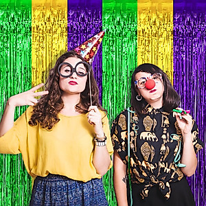 8 Pack Mardi Gras Tinsel Foil Fringe Curtain Backdrop, 3.28Ft x 8.2Ft Gold Green Purple Metallic Streamers for Photo Booth Birthday Wedding Bridal Shower Bachelorette Party Valentine's Day Decoration