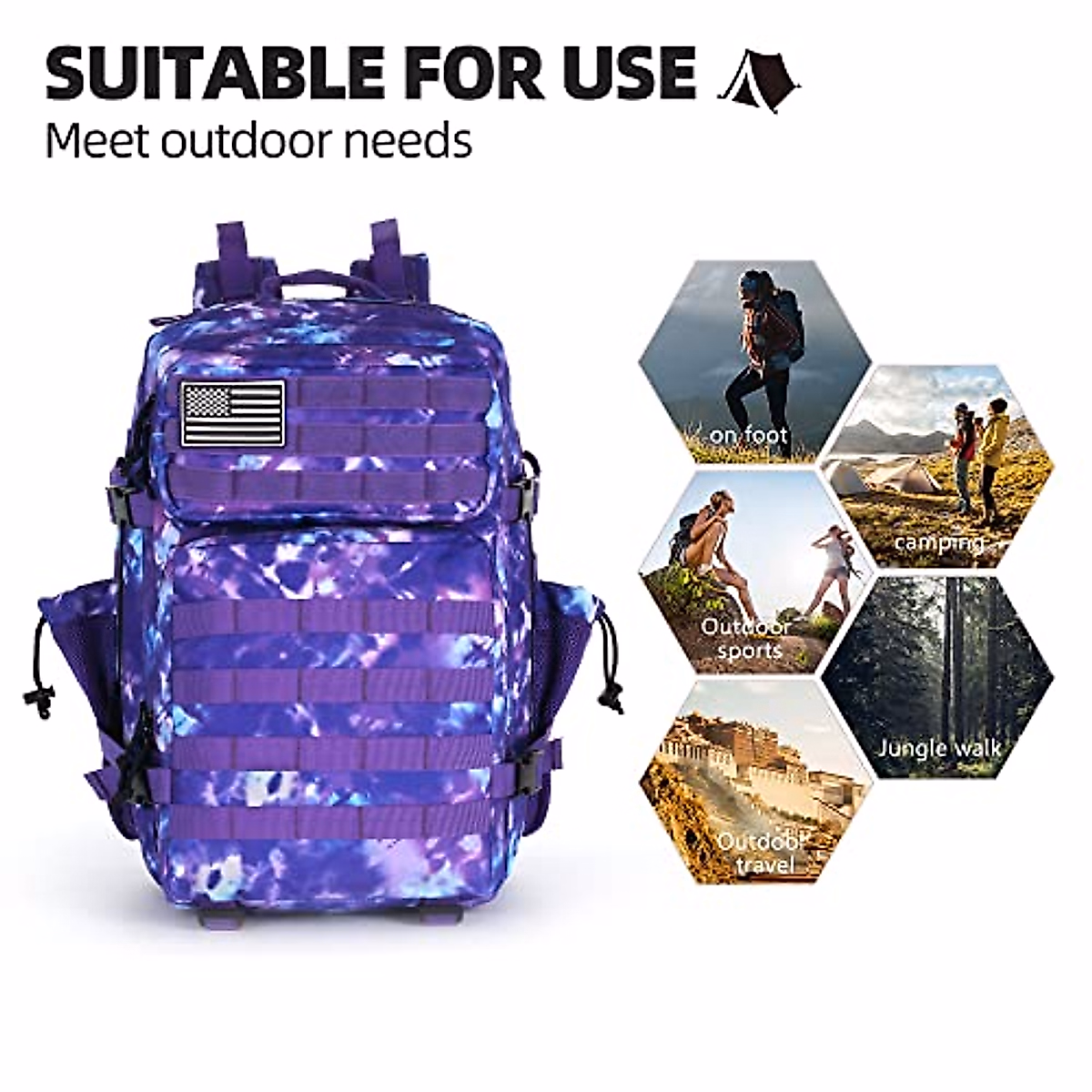 TianYaOutDoor 45L Tactical Assault Backpack with Molle Waterproof backpack Rucksack for Hiking Travelling Tactical Backpacks (Purple Camo)