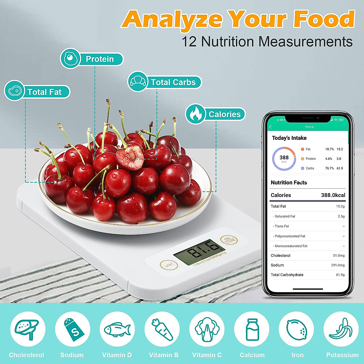 Smart Food Scale with Nutritional Calculator APP, Digital Kitchen Scale for Food Weight Ounces and Grams, Bluetooth Calorie Scale for Weight Loss, Marco Counting, Meal Prep with 0.1oz Accuracy (11Lb)
