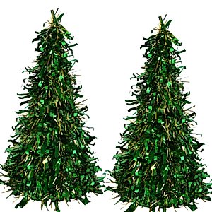 KRE Christmas Tree Glitter House Color Green and Gold Cone-Shaped Tinsel Tabletop 10 Inches Comes with a Bonus Wilame Decoration Supplies for Christmas Thanksgiving New Year Holidays. Pack of 2