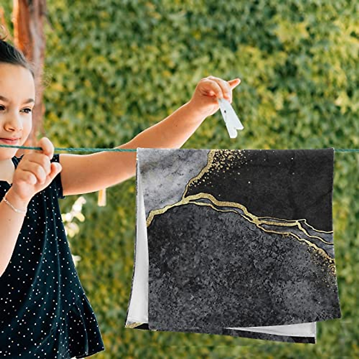 ALAZA Set of 2 Premium Polyester Cotton Hand Towels Abstract Black Grey Gold Marble, Highly Absorbent,28.3 x 14.4in(238ri4a)