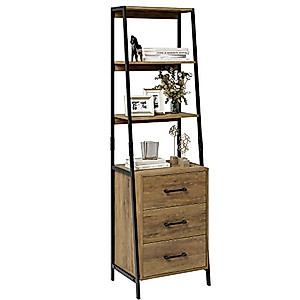 HITHOS 4-Tier Bookshelf, Tall Bookcase with 3 Wooden Drawers, Modern Ladder Book Shlef Storage Organizer for Living Room, Entryway, Office, Rustic Brown