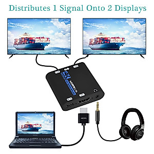 HDMI Splitter 1x2 with Audio Extractor, 1 in 2 Out Audio Video Distributor Box, HDMI 2.0b, HDCP 2.2, HDR, Support 4K@60Hz Ultra HD 3D for PS4, Xbox, STB, Blu-ray DVD Players Etc (Blue)