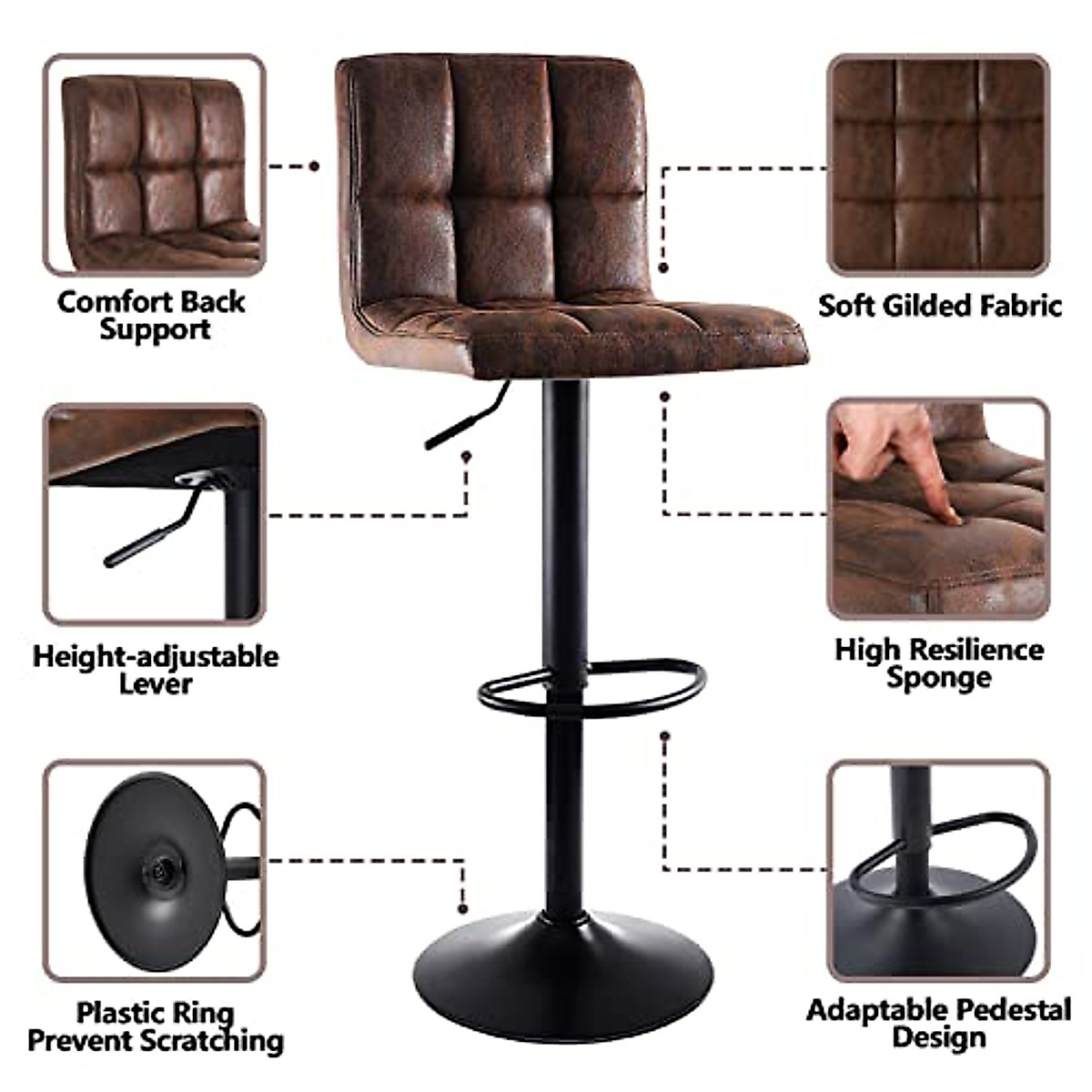 SUPERJARE Bar Stools Set of 2-360° Swivel Barstools with Back, Adjustable Height Bar Chairs, Modern Counter Height Chairs for Pub Kitchen, Vintage Brown, Fabric