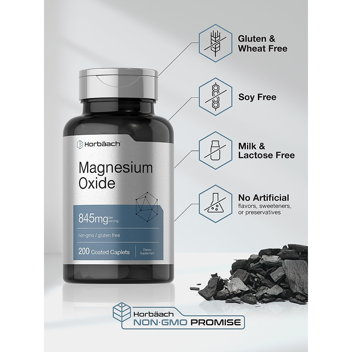 Horbäach Magnesium Oxide | 845 mg | 200 Coated Caplets | Vegetarian, Non-GMO, and Gluten Free Supplement
