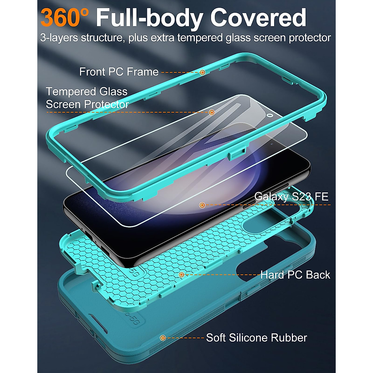 Aliruke for Samsung Galaxy S23-FE Case, with Screen Protector, Dust-Proof Port Cover, Full-Body Silicone Rubber Covered, Military Grade Drop-Proof Shockproof Phone Case for S23 FE 5G, Mint/Teal
