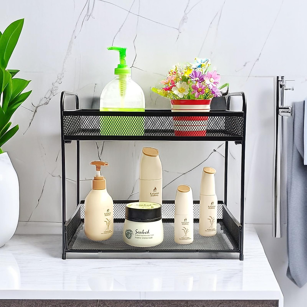 SETTFRFE Two Tier Shelf Organizer,Bathroom Countertop Organizer,Coffee Bar Counter Shelf,Black