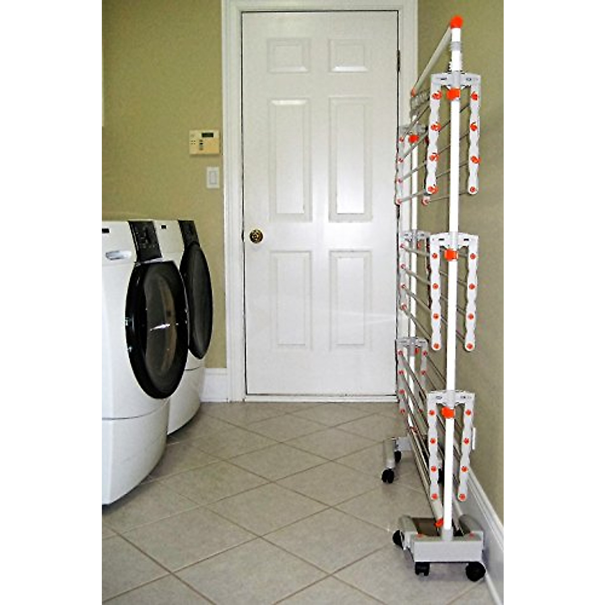 idee BDP-V23 Foldable Rolling 3-Tier Clothes Laundry Drying Rack with Stainless Steel Hanging Rods, Collapsible Shelves and Base for Easy Storage, Made-in-Korea, Premium Size, Orange