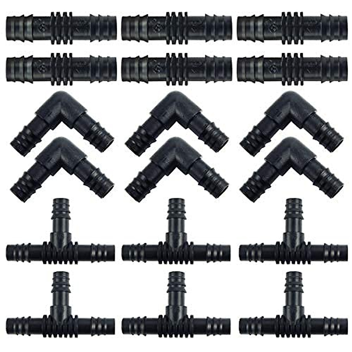 Leadrise 18 Pieces Drip Irrigation Fittings Kit 1/2" Tubing Set, 6 Tees, 6 Couplings, 6 Elbows Connectors for Rain Pipe and Sprinkler Systems