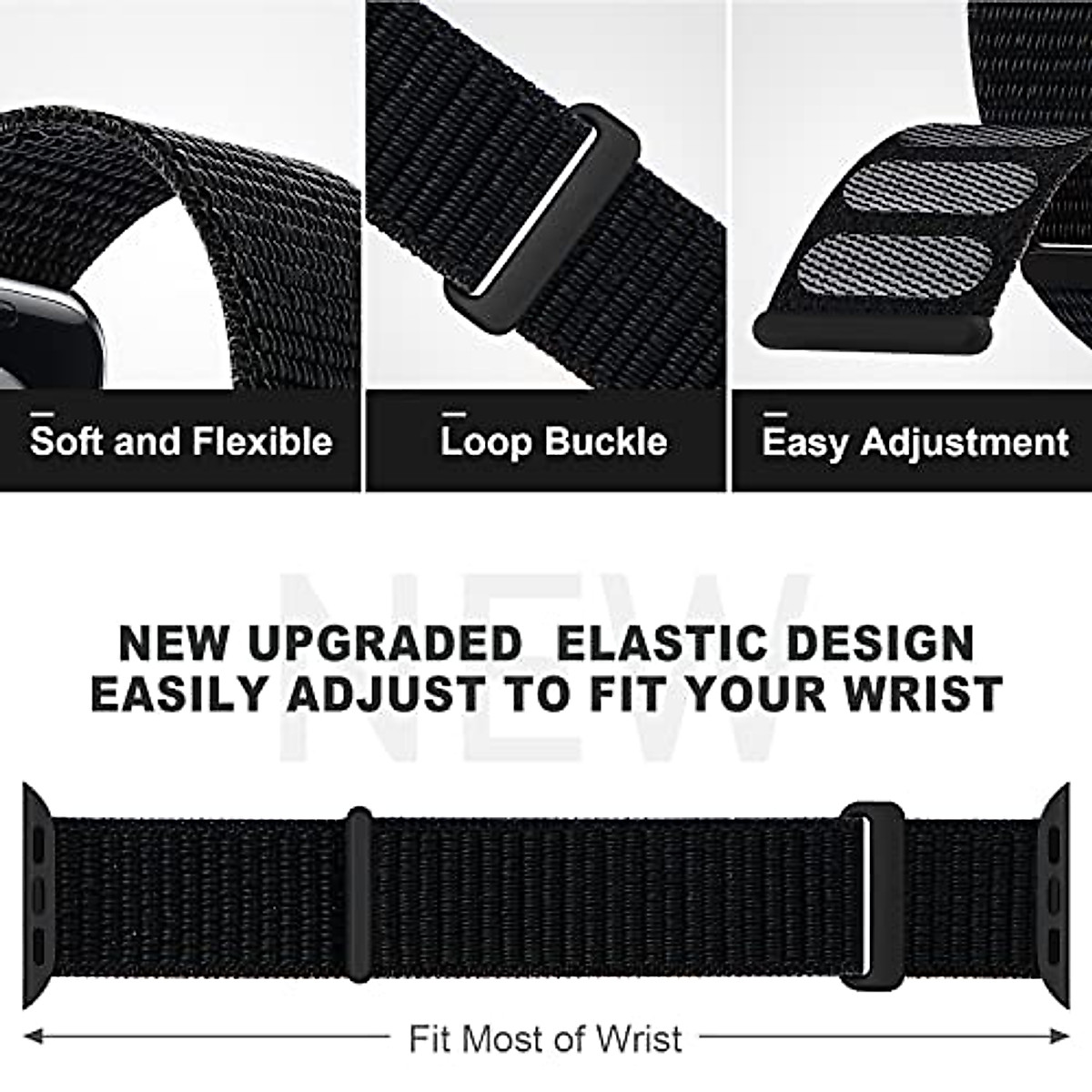 Nylon Sport Band Compatible with Apple Watch Band 38mm 40mm 41mm 42mm 44mm 45mm, Adjustable Breathable Women Men Braided Strap Compatible for iWatch Series 9/8/7/6/5/4/3/2 SE Dark Black A