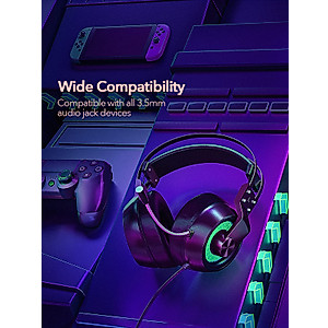Wired Gaming Headset with Microphone for PC, 50mm Drivers, Inline Volume Control, Over Ear Gaming Headphones with LED, Noise Cancelling Kids Gaming Headsets for Laptop, Computer, PS5, PS4, Xbox One