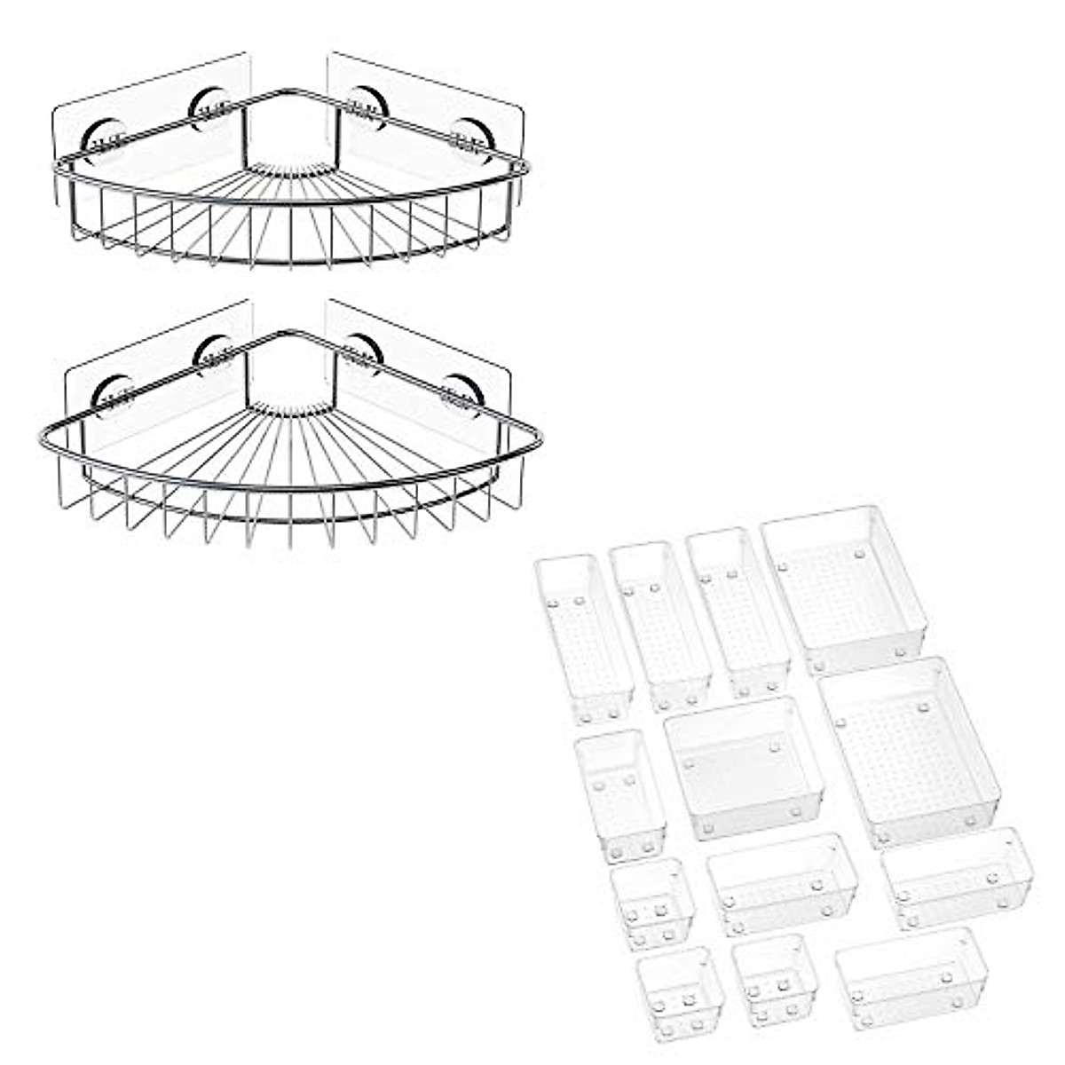 SMARTAKE 2 Pack Corner Shower Caddies 13-Piece Drawer Organizers - SUS304 Shower Caddies, Plastic Storage Organizer with Non-Slip Pads for Toilet, Dorm and Kitchen