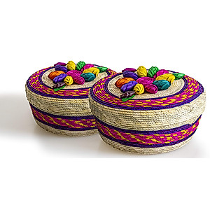 2-Pack Genuine Mexican Handwoven Tortilla Basket, Fiesta Mexican Tortilla Warmer, Tortilla Holder, Tortillero, Palm Straw Baskets Handmade in Mexico, Mexican Bowls (1, Floresita)