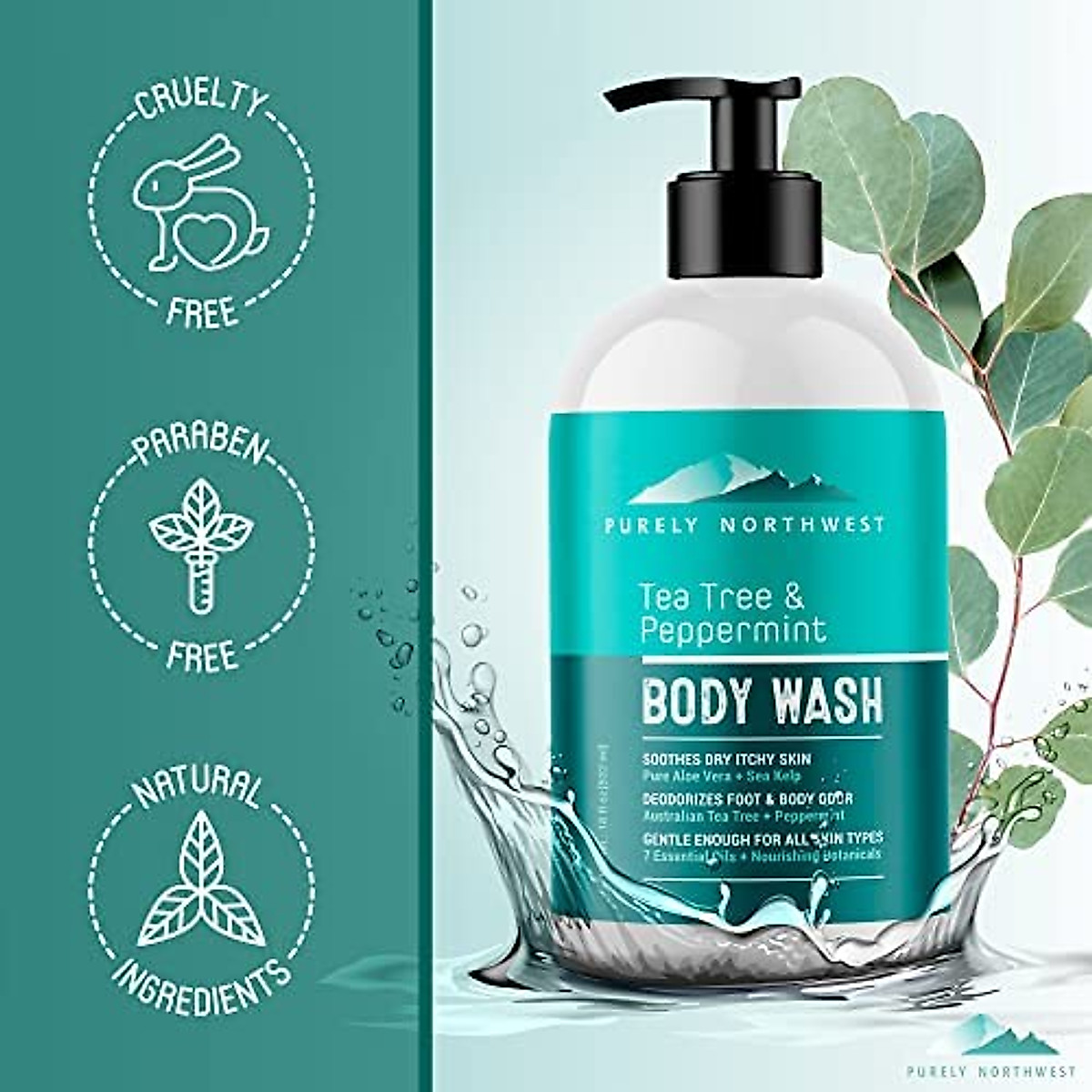 Tea Tree & Peppermint Foot & Body Wash | Great for Excess Sweating & Body Odor, Soothes Burning & Itching from Skin Irritations, Chafing, Jock Itch & Athletes Foot| Shower Gel for Women / Men/Teens-by Purely Northwest 9 OZ (2 PACK)