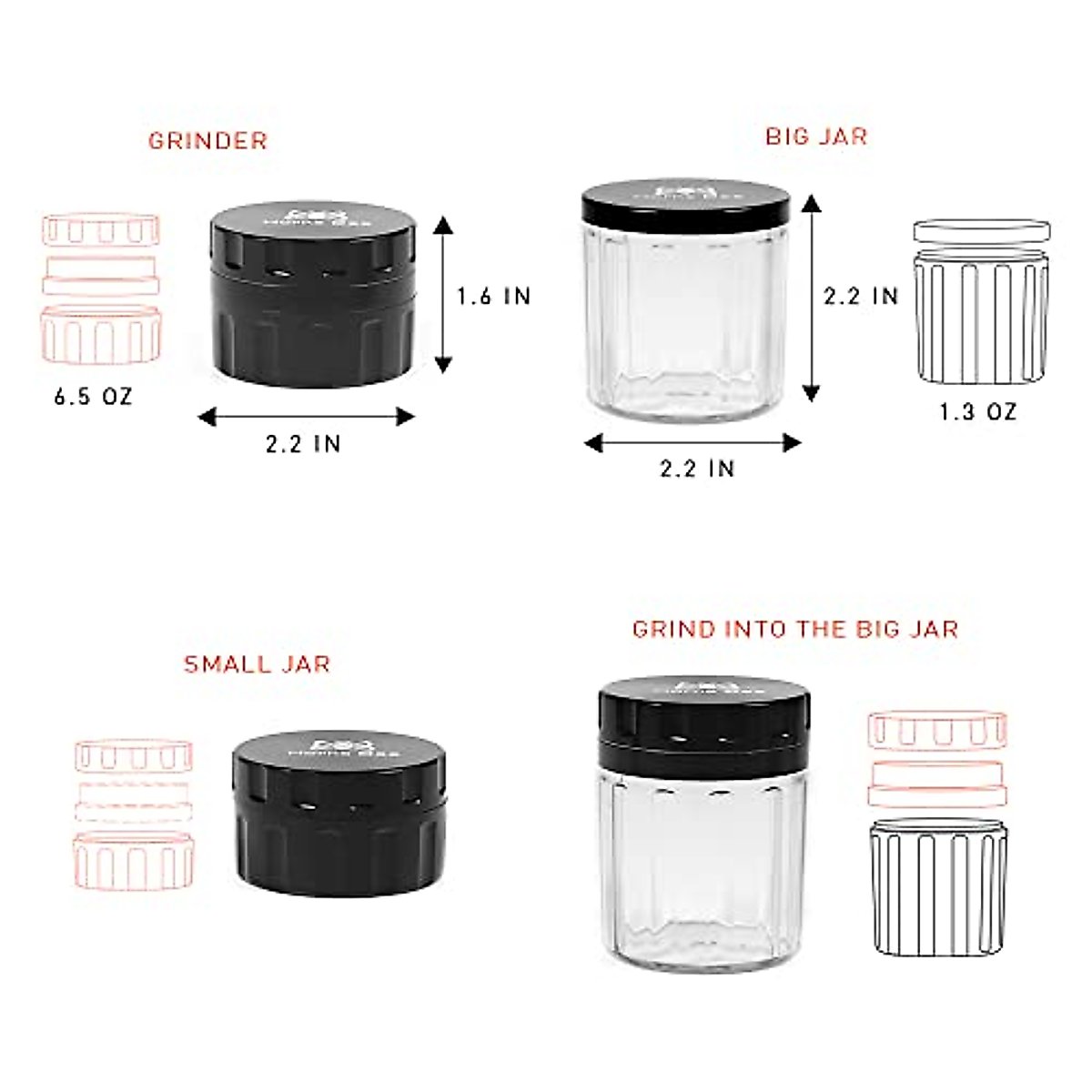 Horns Bee Herb Grinder Containers - Multipurpose Metal Spice Mill with Stash Jar, All-in-One Air Tight Sealable Containers, 2.2'' Sharpstone Grinder, with Accessories and Carrying Pouch