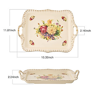 YOLIFE Ivory Serving Tray, Ceramic Floral and Gold Leaves Decorative Platter for Tea Party 15 X 11 inch (Flowering Shrubs)