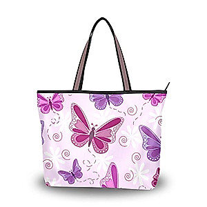 Tote Bag Art Purple Butterfly Print, Large Capacity Zipper Women Grocery Bags Purse for Daily Life 2 Sizes
