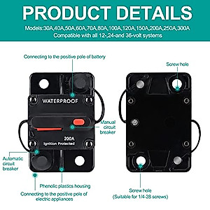 200 Amp Circuit Breaker,with Manual Reset,Waterproof, 12V-48V DC, 30-308A,for Car Marine Trolling Motors Boat ATV Manual Power Protect for Audio System Fuse (JTST0010)