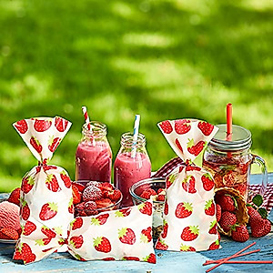 100 Pieces Strawberry Treat Bags Strawberry Cellophane Party Bags Strawberry Plastic Goody Candy Bags with 200 Red Twist Ties for Strawberry Themed Party Birthday Party Decoration Supplies