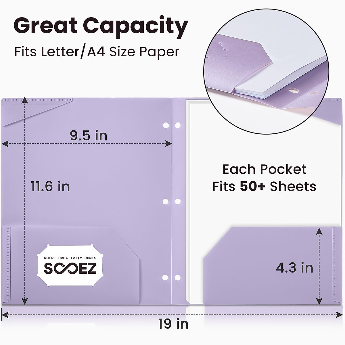 Sooez Plastic Pocket Folders with Reference Guide, 5 Pack Heavy Duty Folders with Pockets, 4 Pocket Folders with Pockets 3 Hole Punched, Stores Well in 3-Ring Binders, 5 Primary Colors